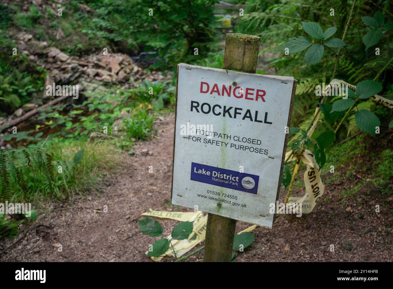 Sign warning of rockfall danger at Stanley Force Waterfall, Eskdale ...