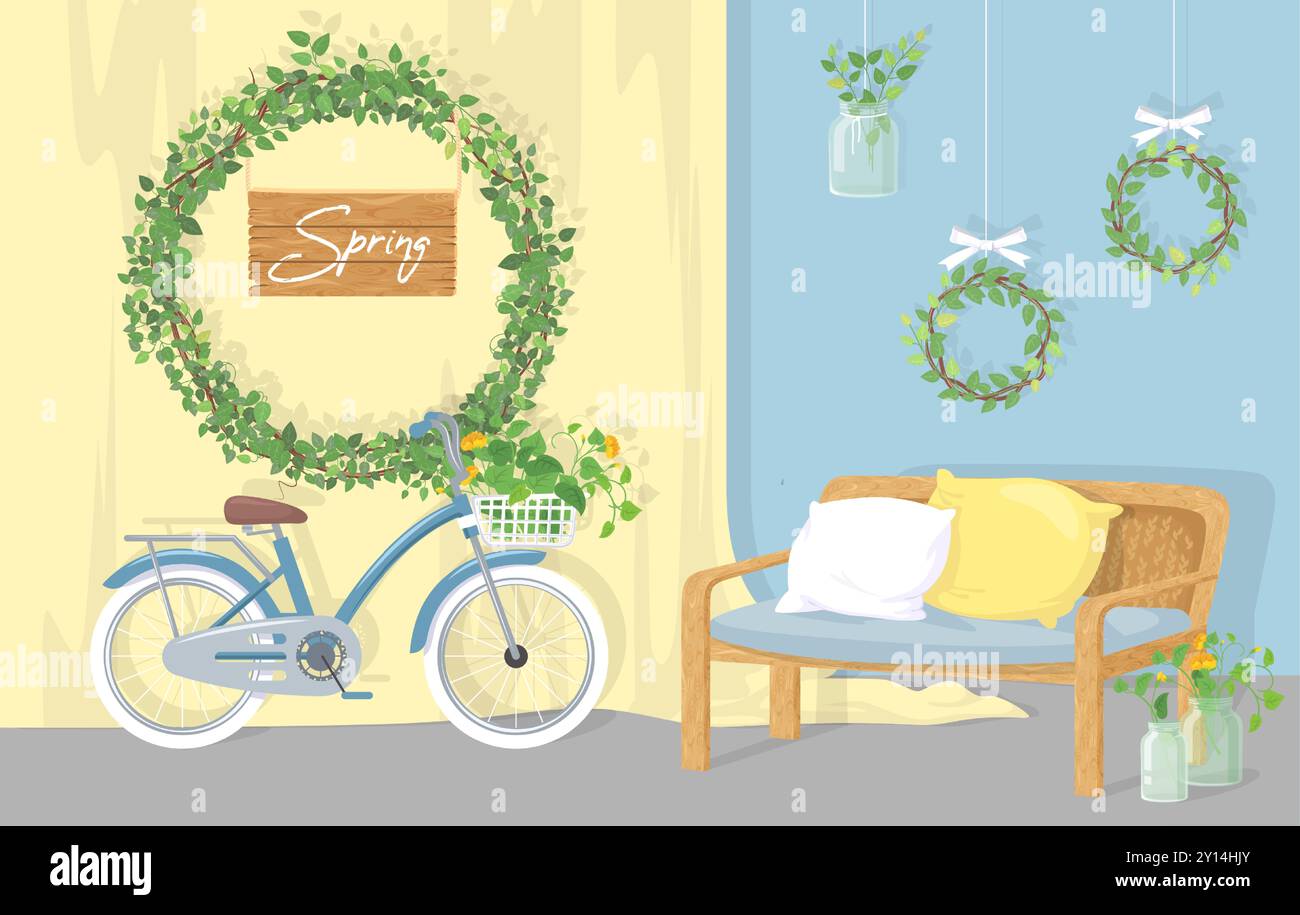 Cute cozy province spring photo zone background vector illustration ...