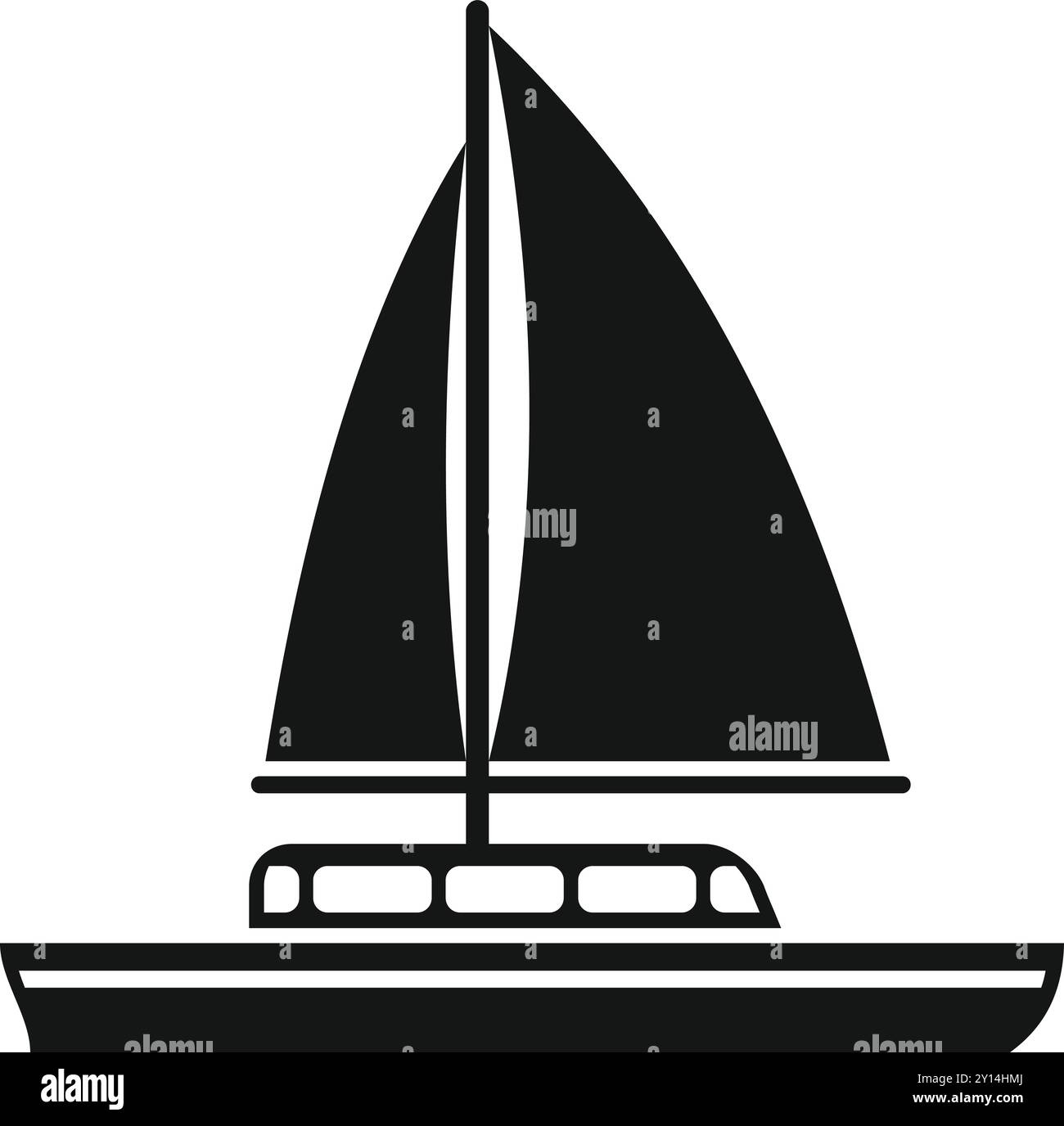 Black and white vector illustration of a small catamaran sailing on the ...