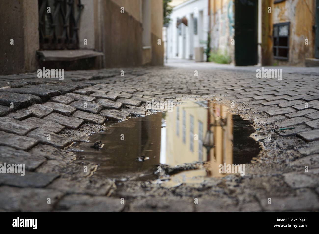 Puddle on alley street hi-res stock photography and images - Alamy