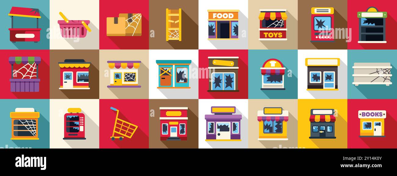 Abandoned store icons set. Collection of various small businesses and ...