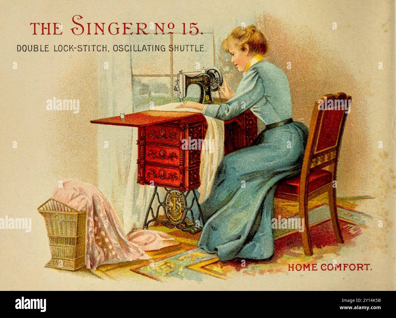 Traditional Late 19th century illustration of woman at work on Singer ...
