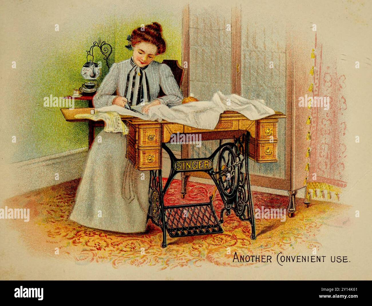 Traditional Late 19th century illustration of woman at work on Singer ...