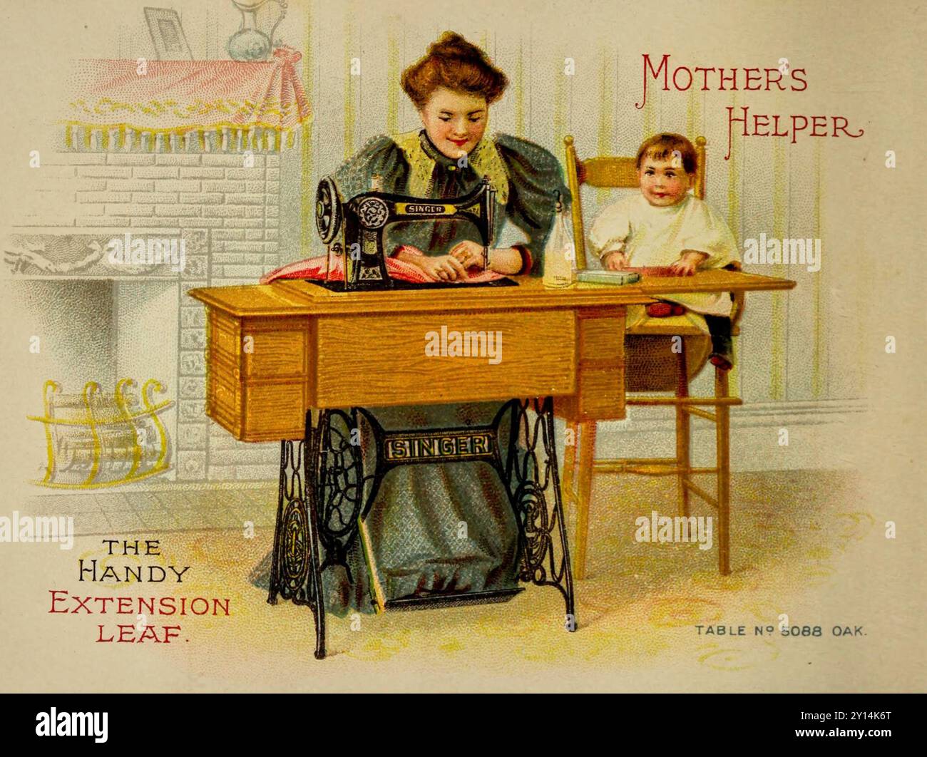 Mother with kid sewing on Singer The Handy Machine. Vintage Image from ...