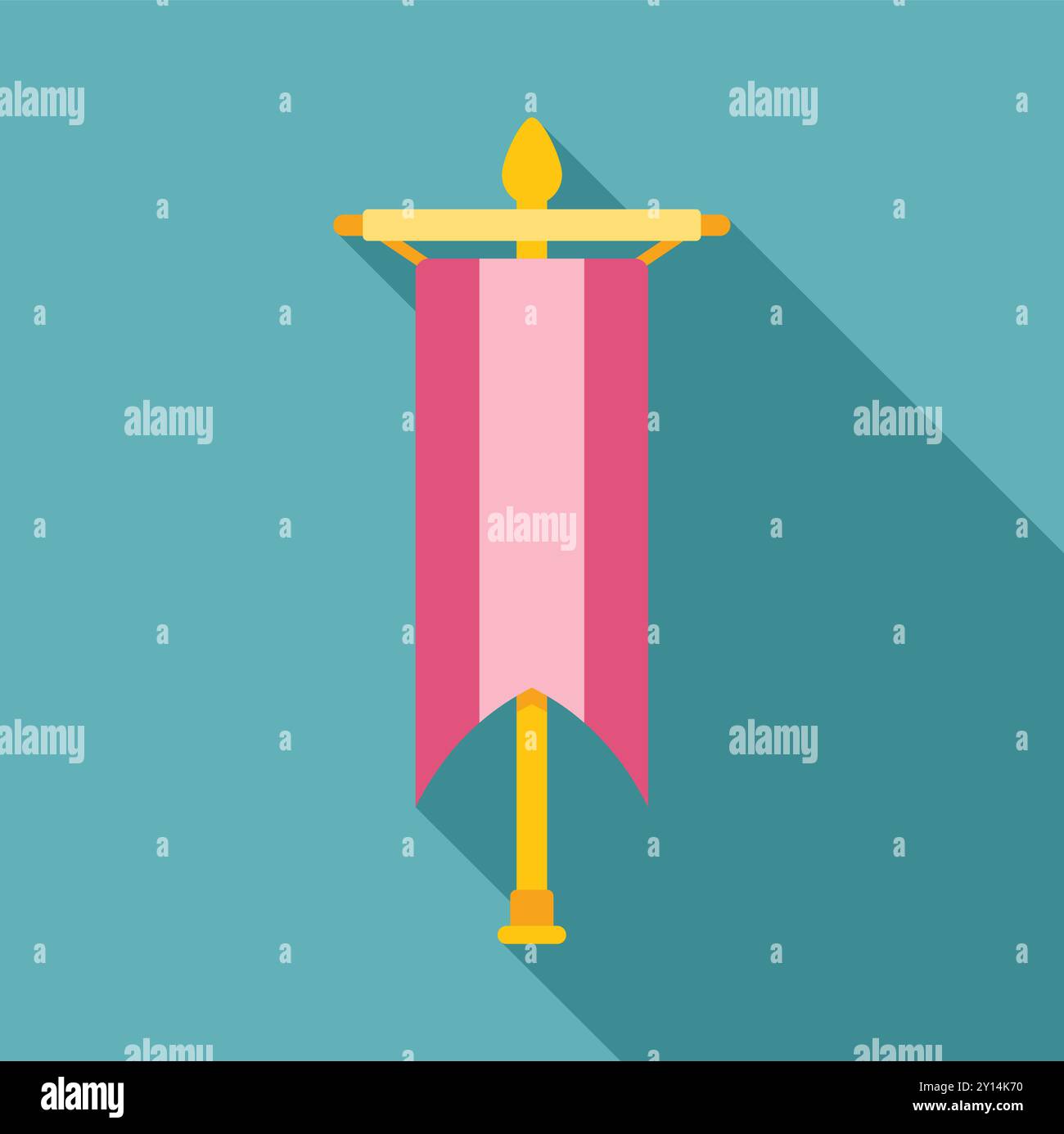 Pink medieval flag hanging on a wooden crossbar casting a long shadow ...