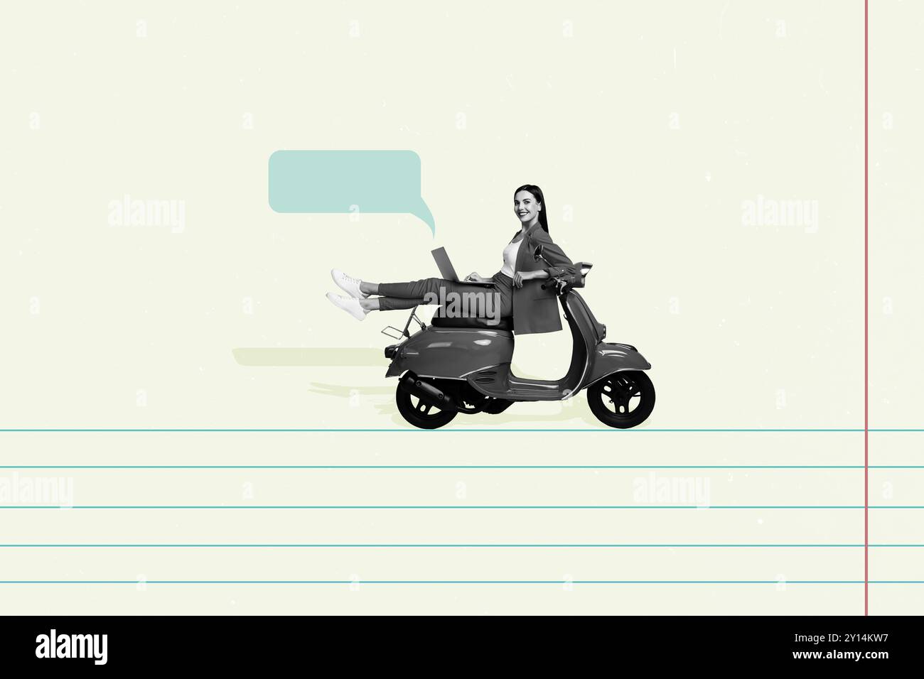 Poster banner collage of girl drive bike use laptop with mind cloud ...