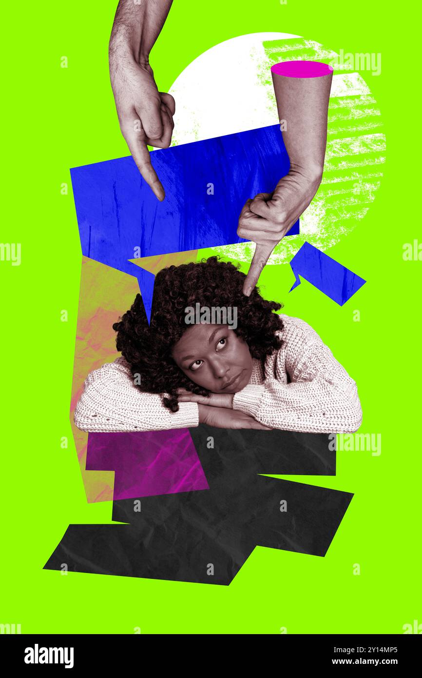 Vertical photo collage of hand point finger american girl racism ...