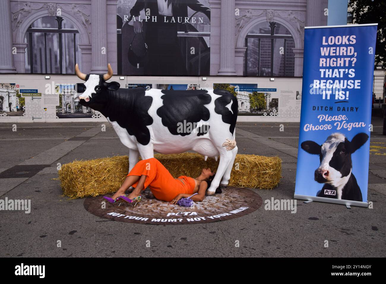 London, England, UK. 4th Sep, 2024. An elegantly-dressed PETA activist ...