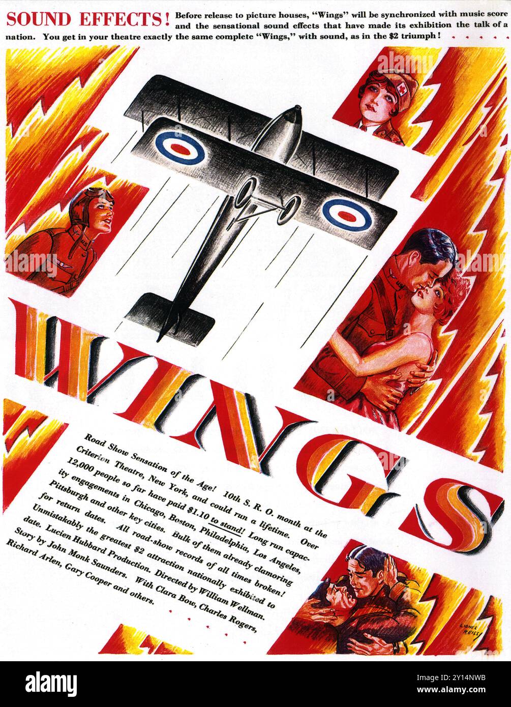 1927 Wings film poster, directed by William Wellman, with Charles Rogers, Clara Bow, artwork by ...