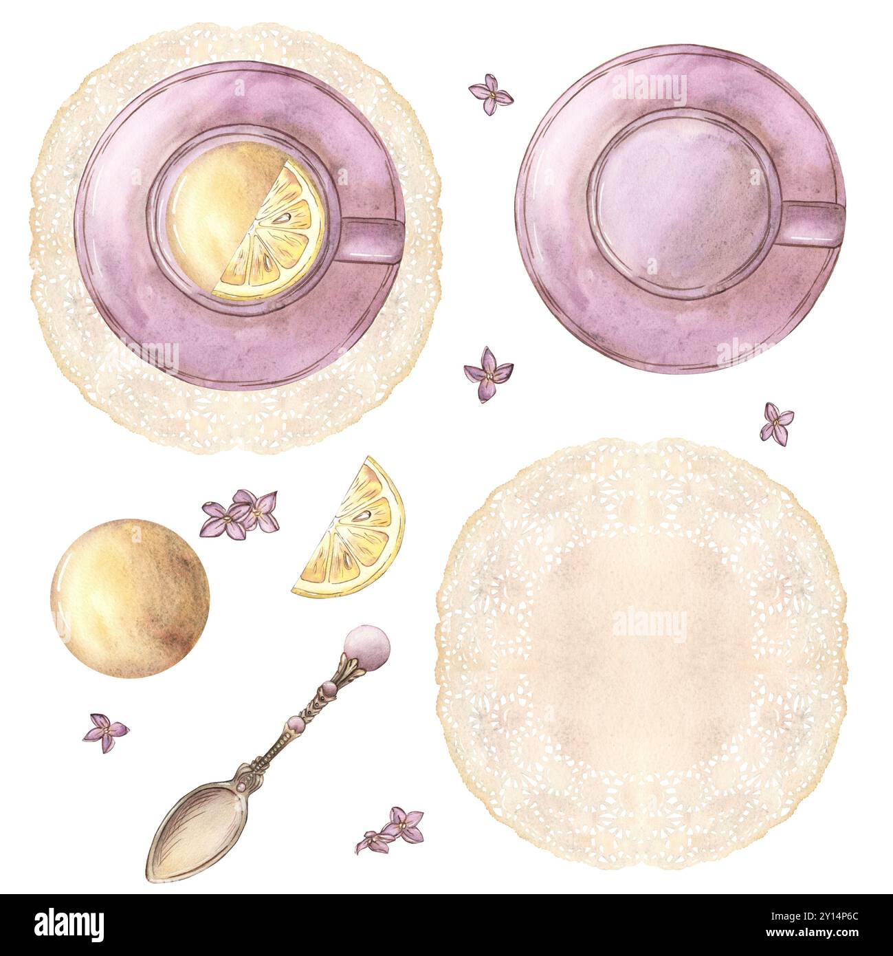 Composition with a cup of tea on a lace napkin, a slice of lemon, a ...