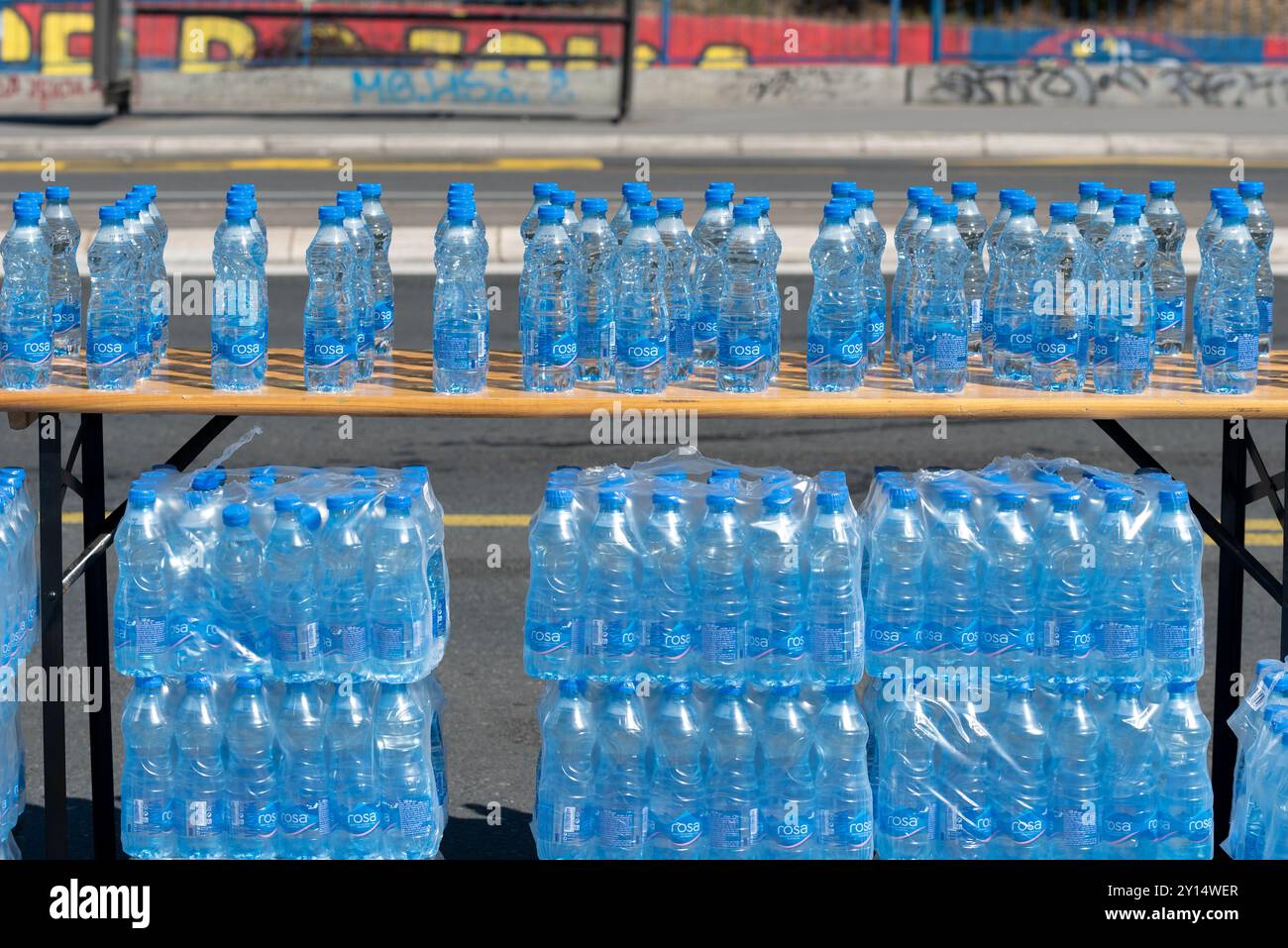 Stacks of Rosa bottled water to hand out to runners in the Belgrade ...