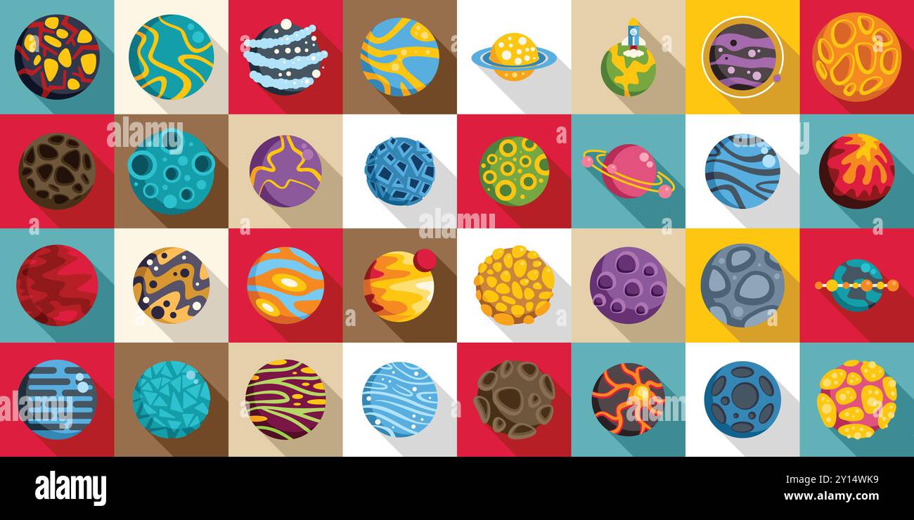 Alien planet game icons set. Set of colorful fantasy planets with ...
