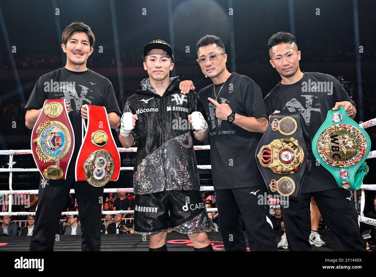 Japanese champion Naoya Inoue, second left, poses with his cousin Koki Inoue, left, brother ...