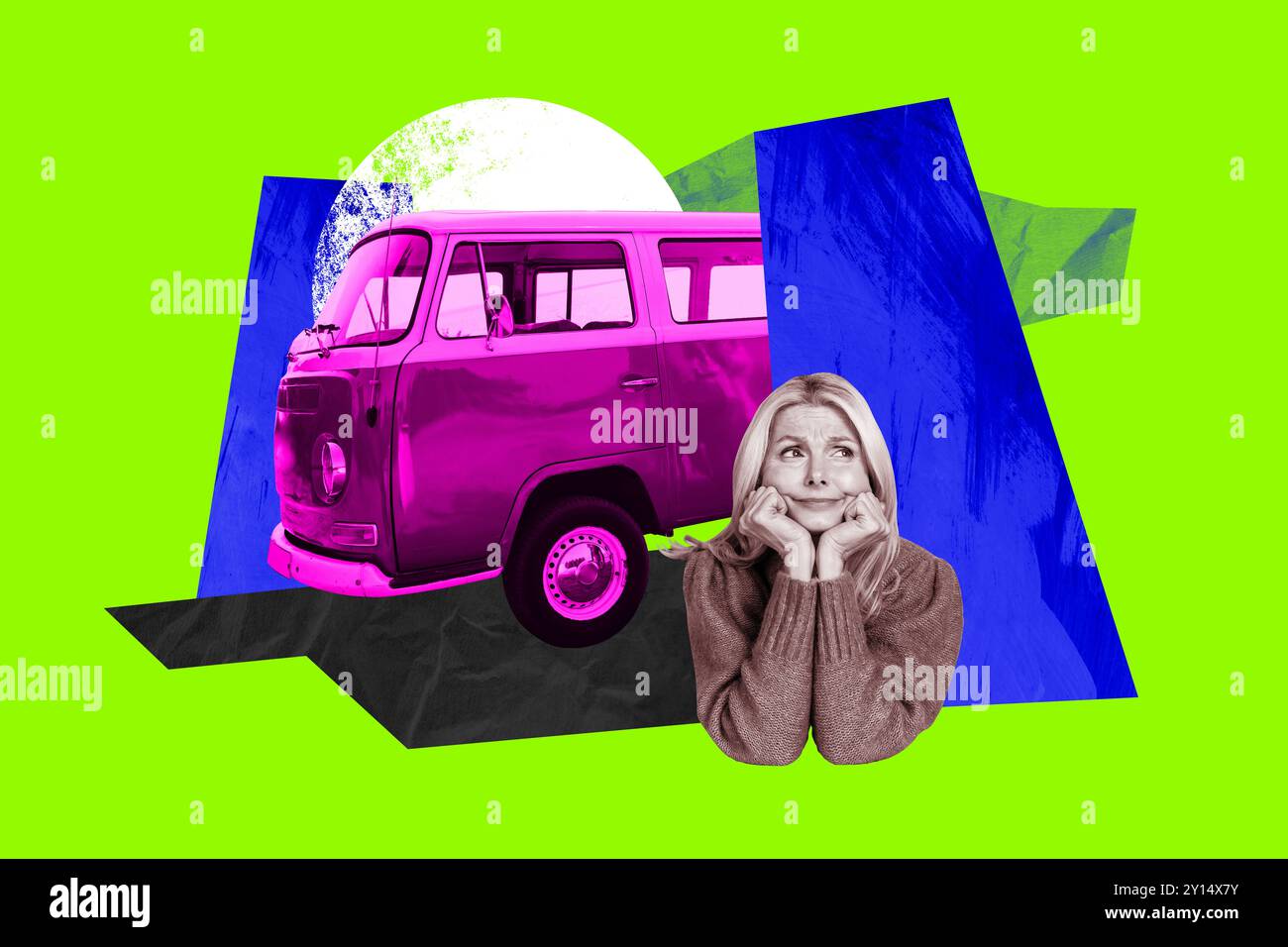 Composite photo collage of aged blonde minded girl hippy bus adventure ...