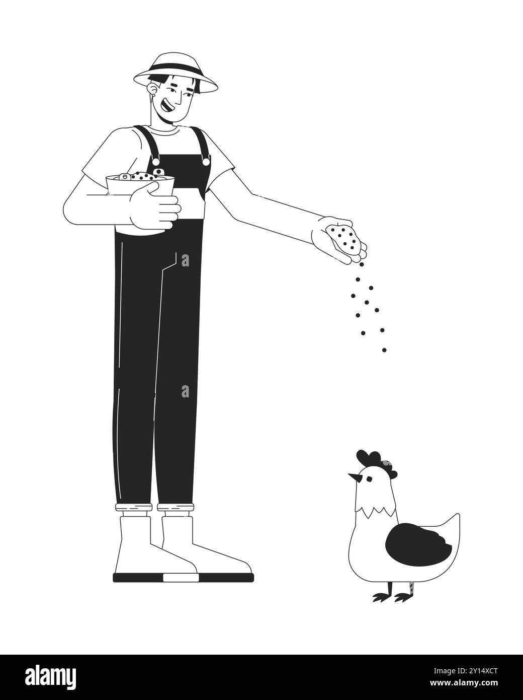 Happy asian man farmer feeding chicken 2D cartoon character Stock ...