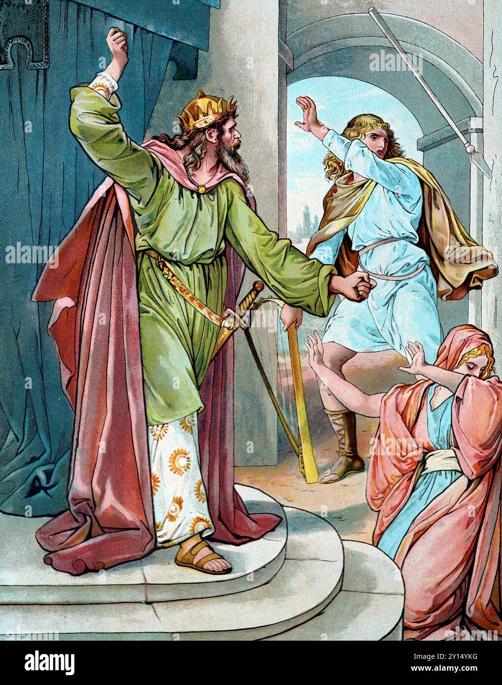 Saul, the king, and David the shepherd king with a harp. From a ...