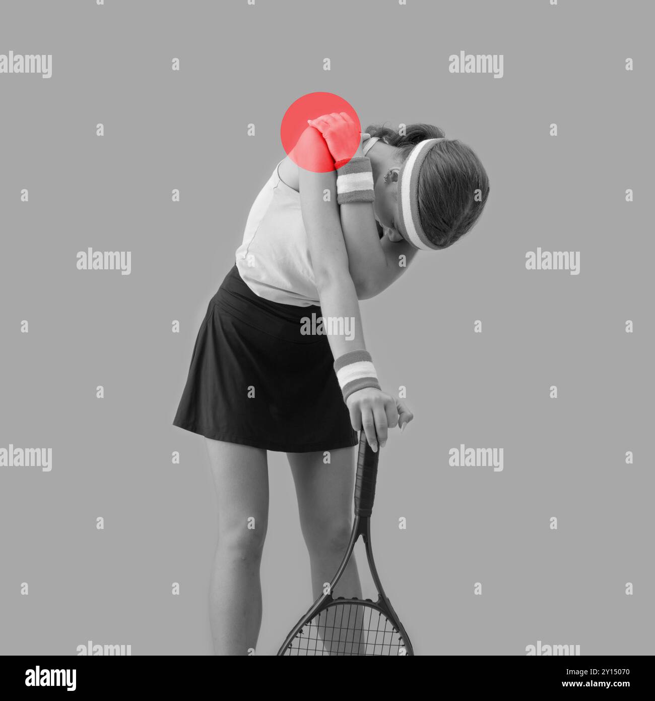 Injured young female tennis player, she is touching her shoulder, sport ...