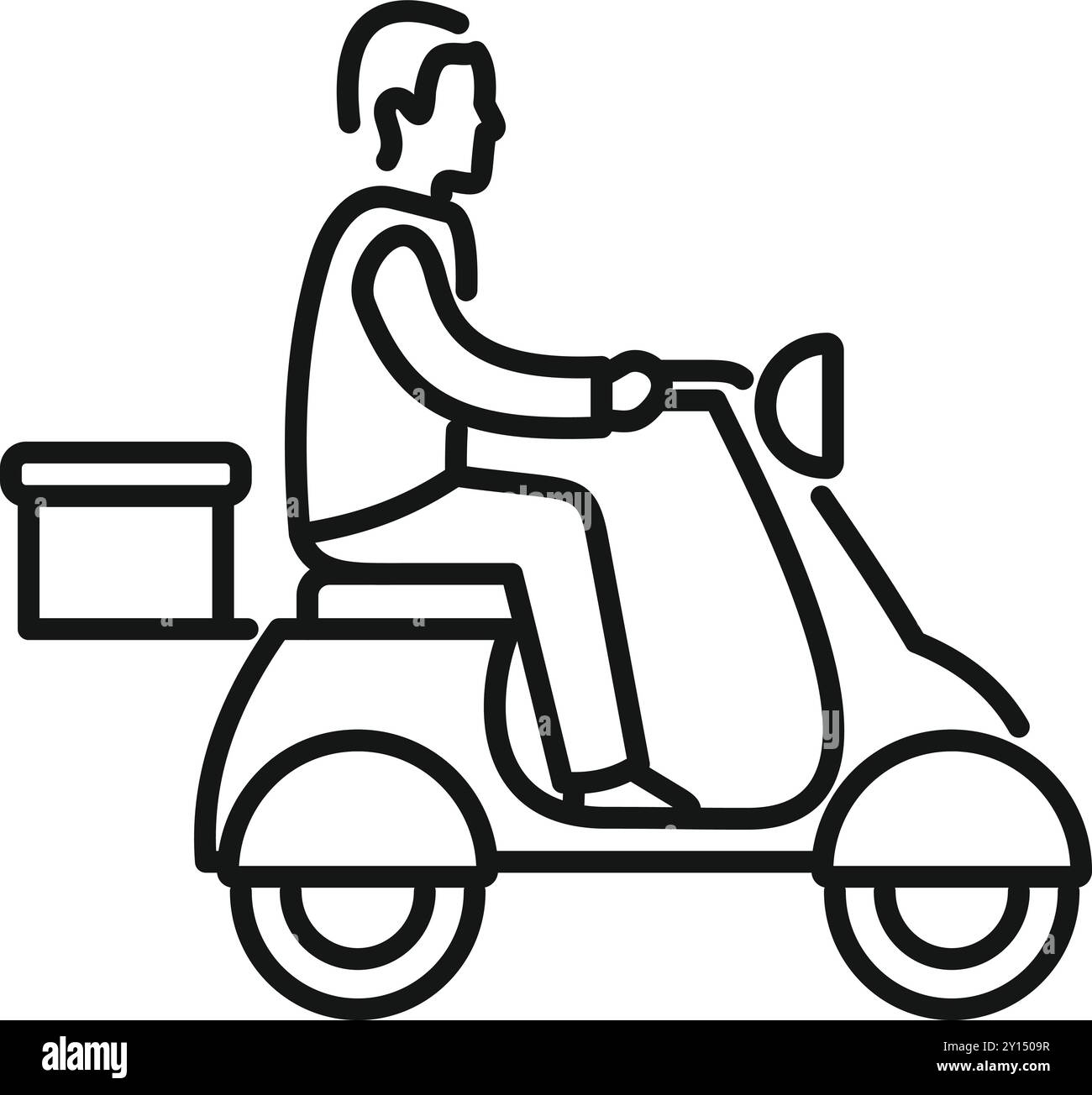 Line drawing of a delivery man riding a scooter with a parcel box on ...