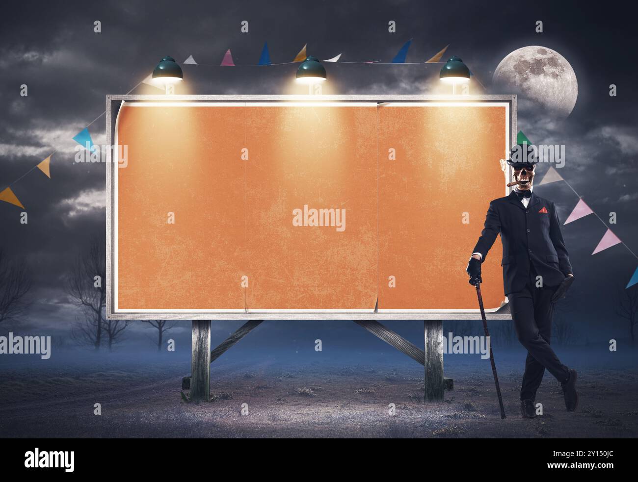 Horror scary Halloween skeleton character standing next to a billboard ...