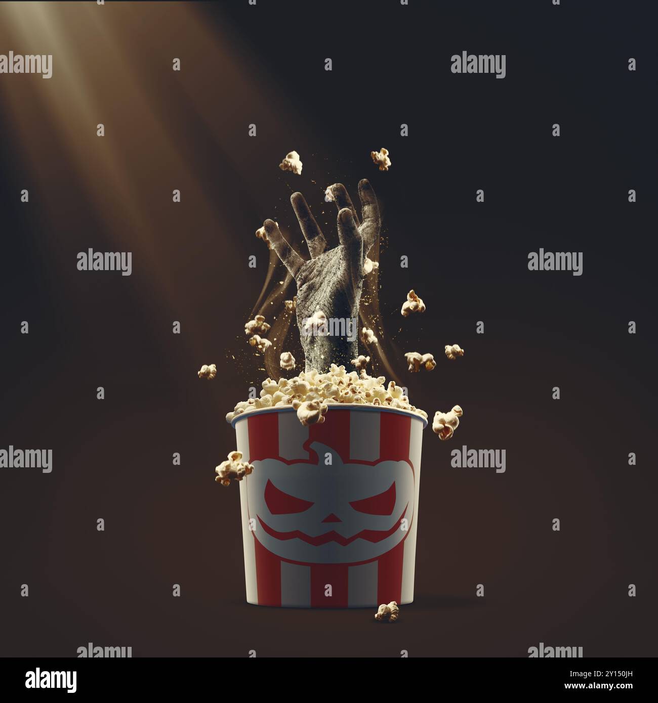 Scary zombie hand coming out of a full popcorn bucket, horror movies ...