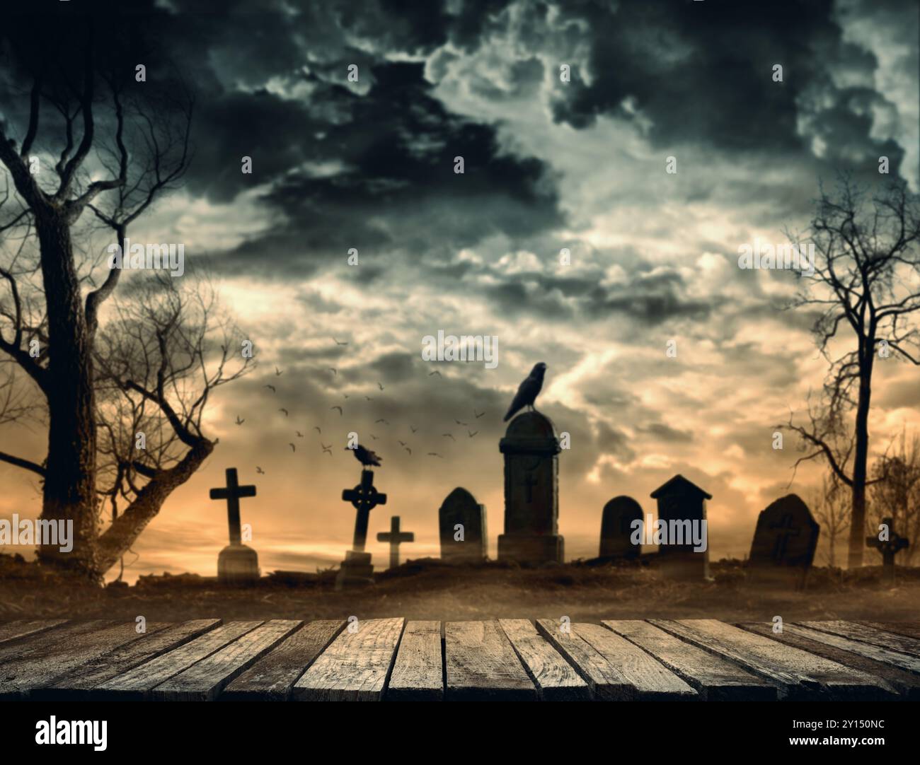 Haunted old cemetery at night with mist and crows, Halloween and horror ...