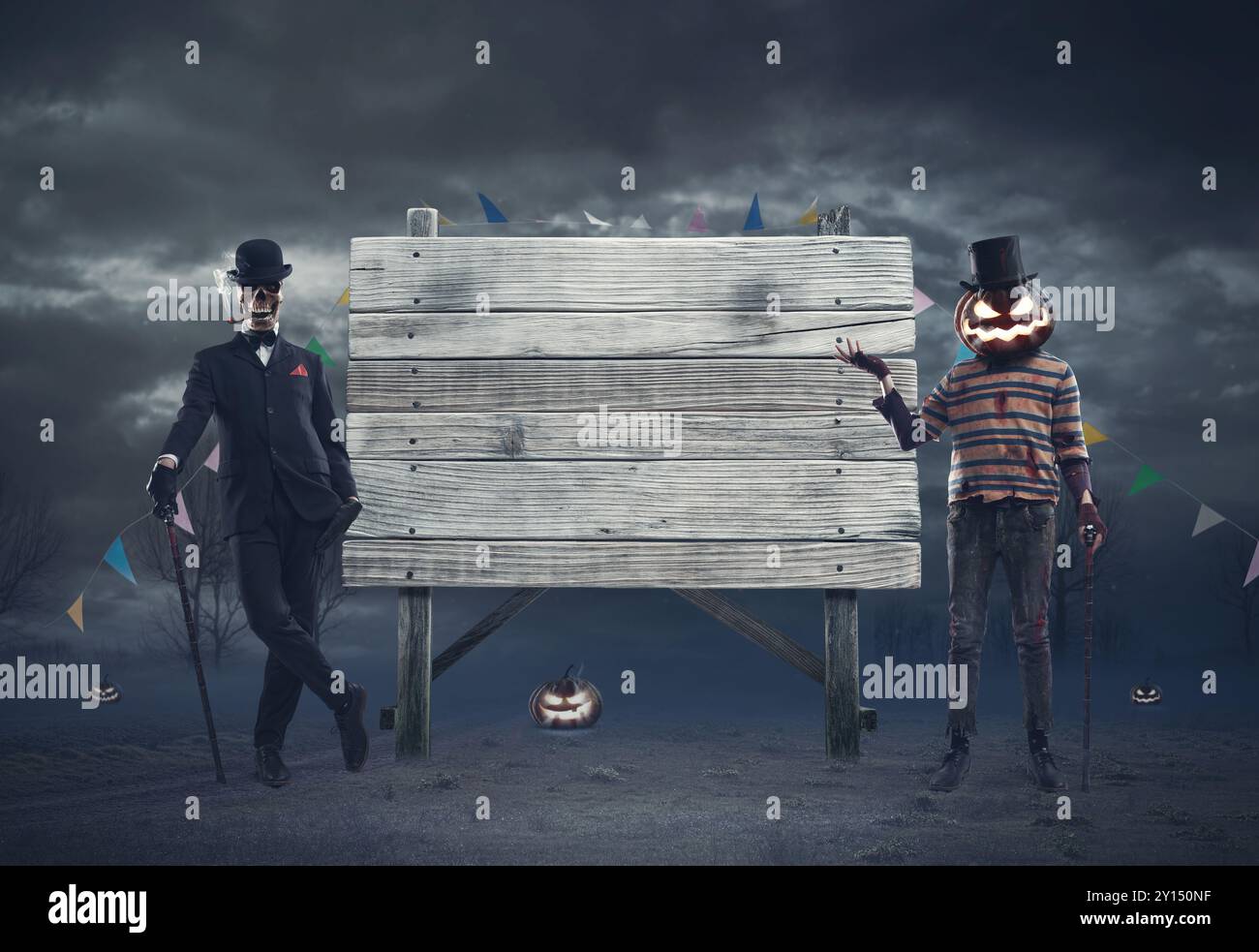 Spooky horror Halloween characters showing an old blank wooden sign ...