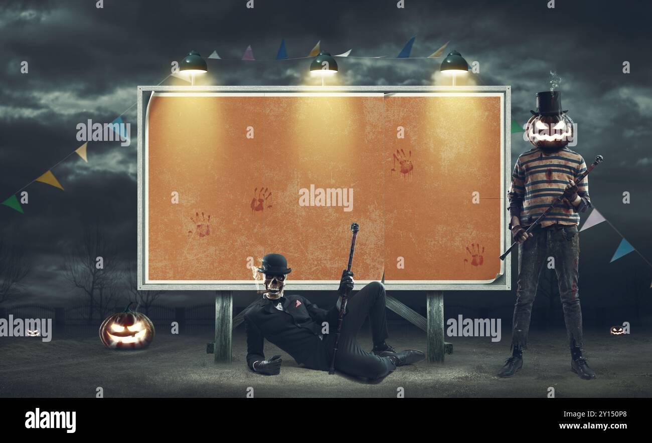 Billboard ad with copy space and creepy horror Halloween characters ...