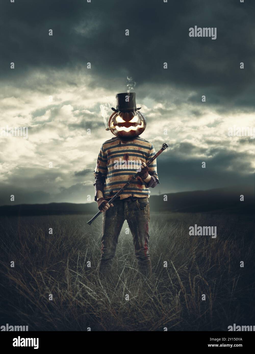 Scary horror Halloween character with pumpkin head standing in the ...