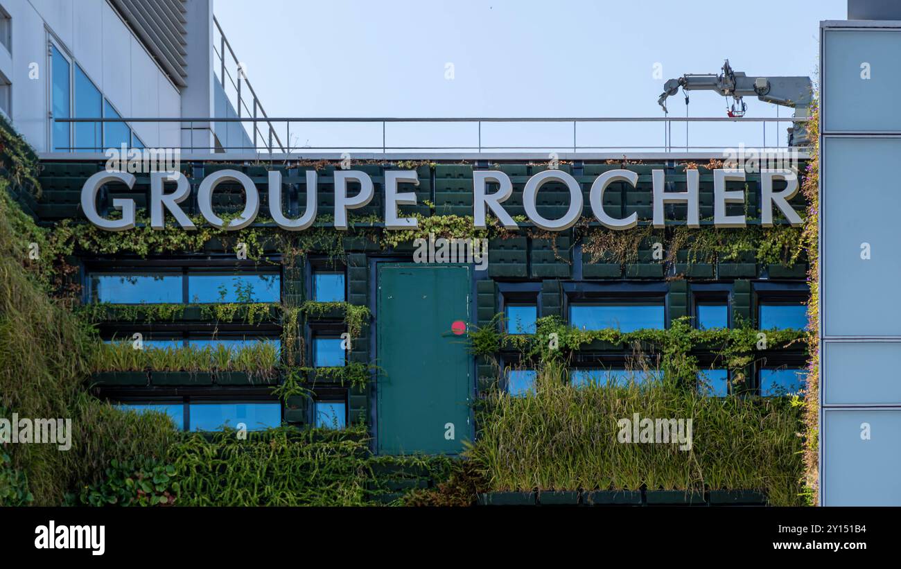 Sign on the building housing Groupe Rocher, formerly Groupe Yves Rocher ...