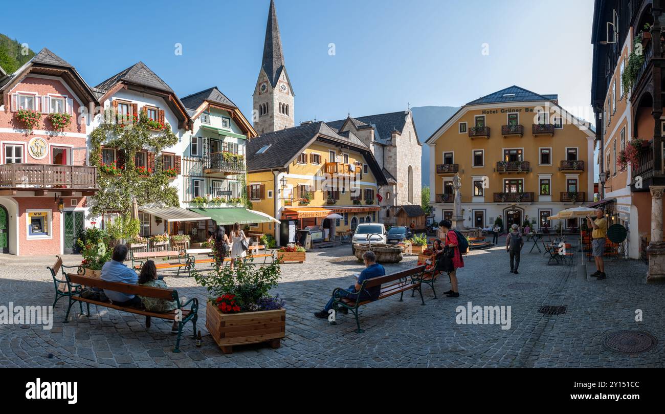 Hallstatt Austria 25 August 2024, The vibrant village square in Hallstatt comes alive with ...