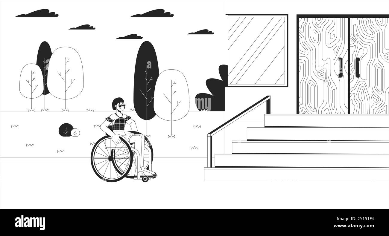 Inaccessible city for wheelchair user black and white line illustration ...