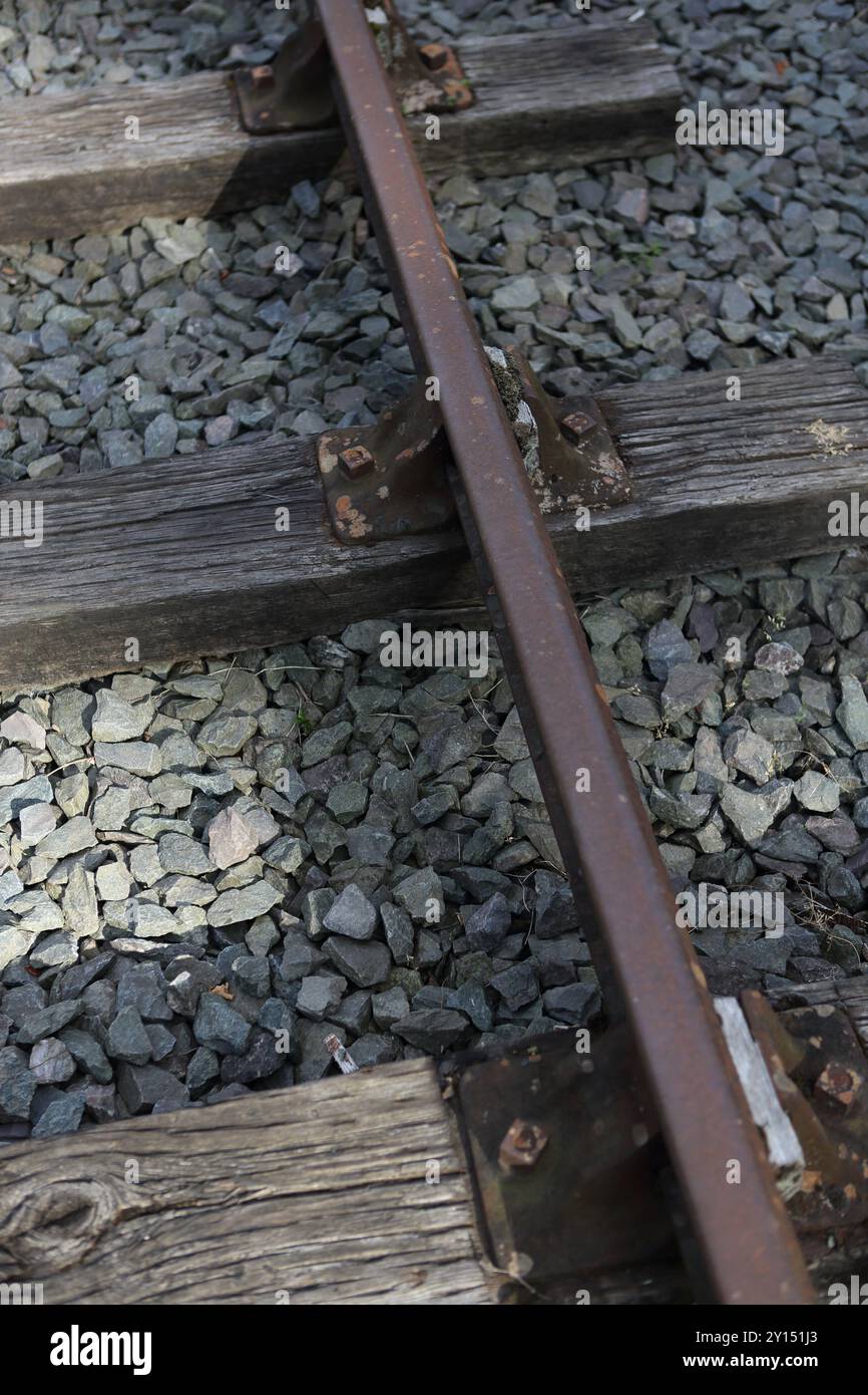 Railway tracks with wooden sleepers and ballast Stock Photo - Alamy