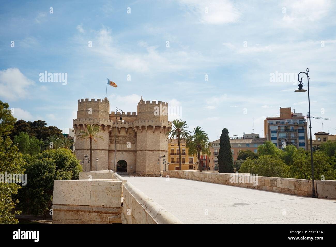 Valencian heritage Torres de Serranos view from bridge in summer Stock ...