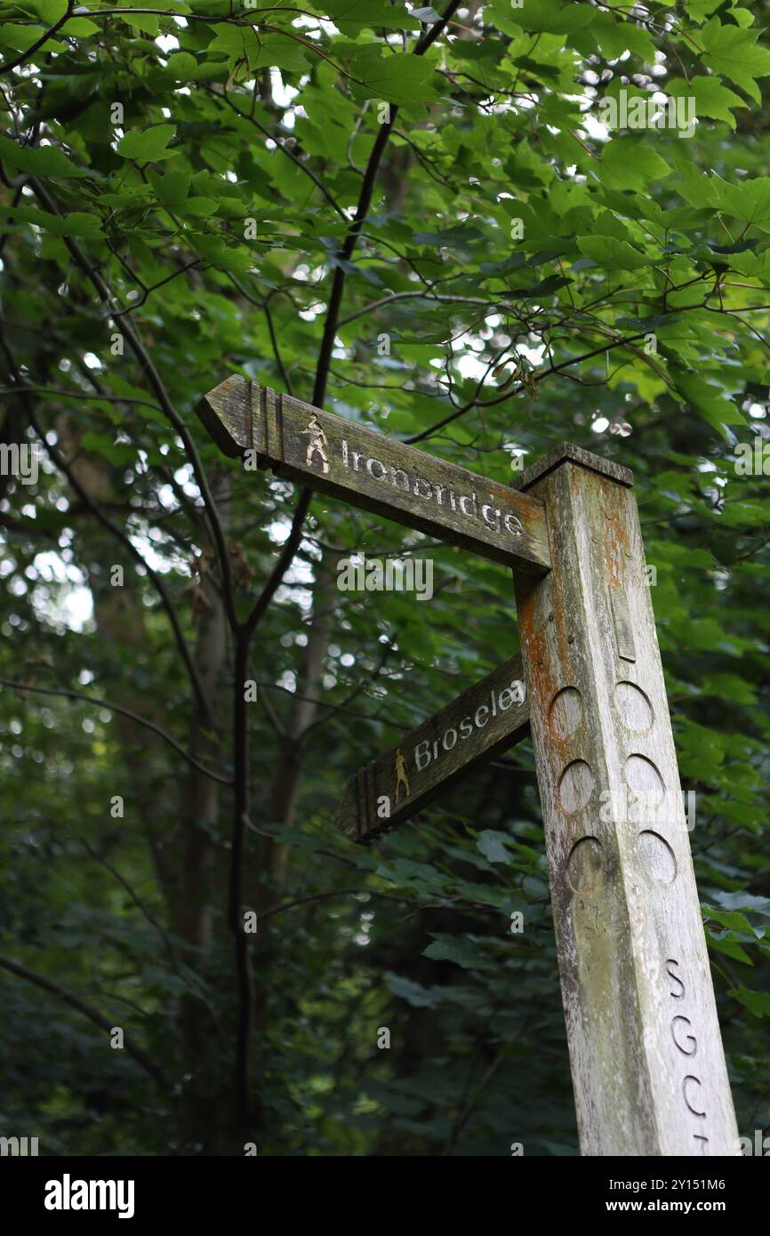 Footpath wooden signpost to Ironbridge and Broseley Ironbridge Gorge ...
