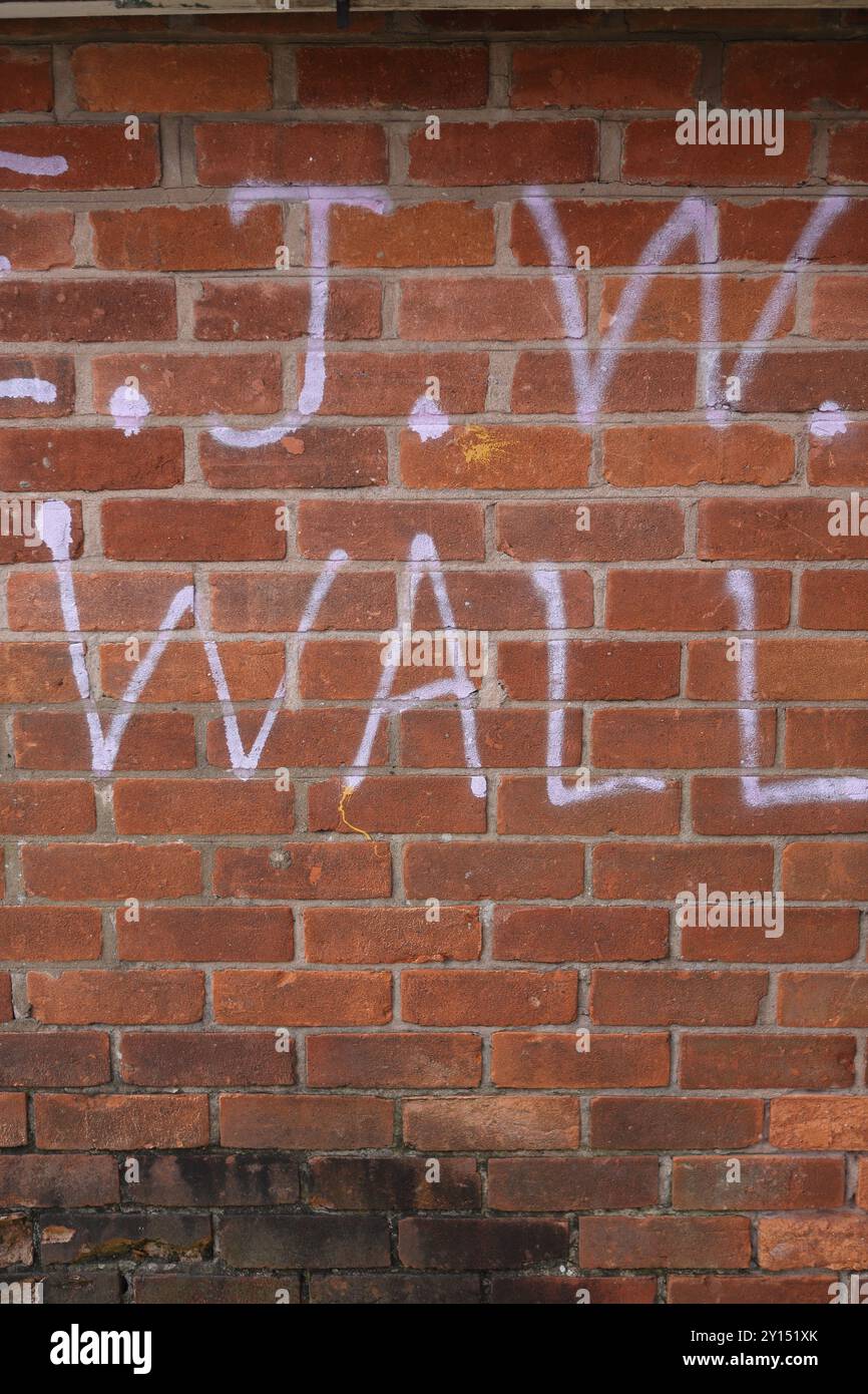 Brick wall with graffiti the word wall in white paint concept wall ...