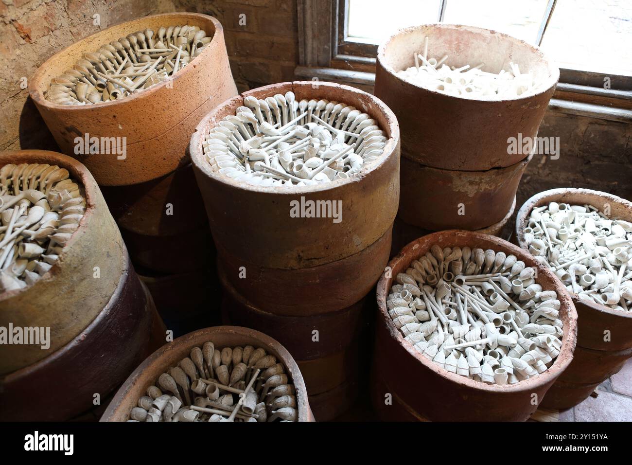Clay pipes in saggars at Broseley Pipeworks museum Ironbridge Gorge ...