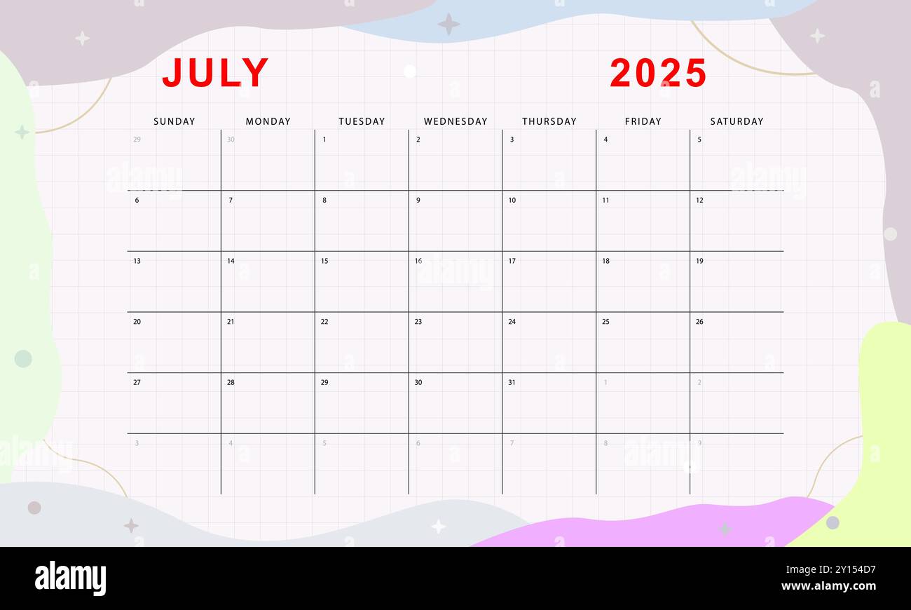 July 2025 monthly planner. Cute calendar template. Sunday start. Vector ...