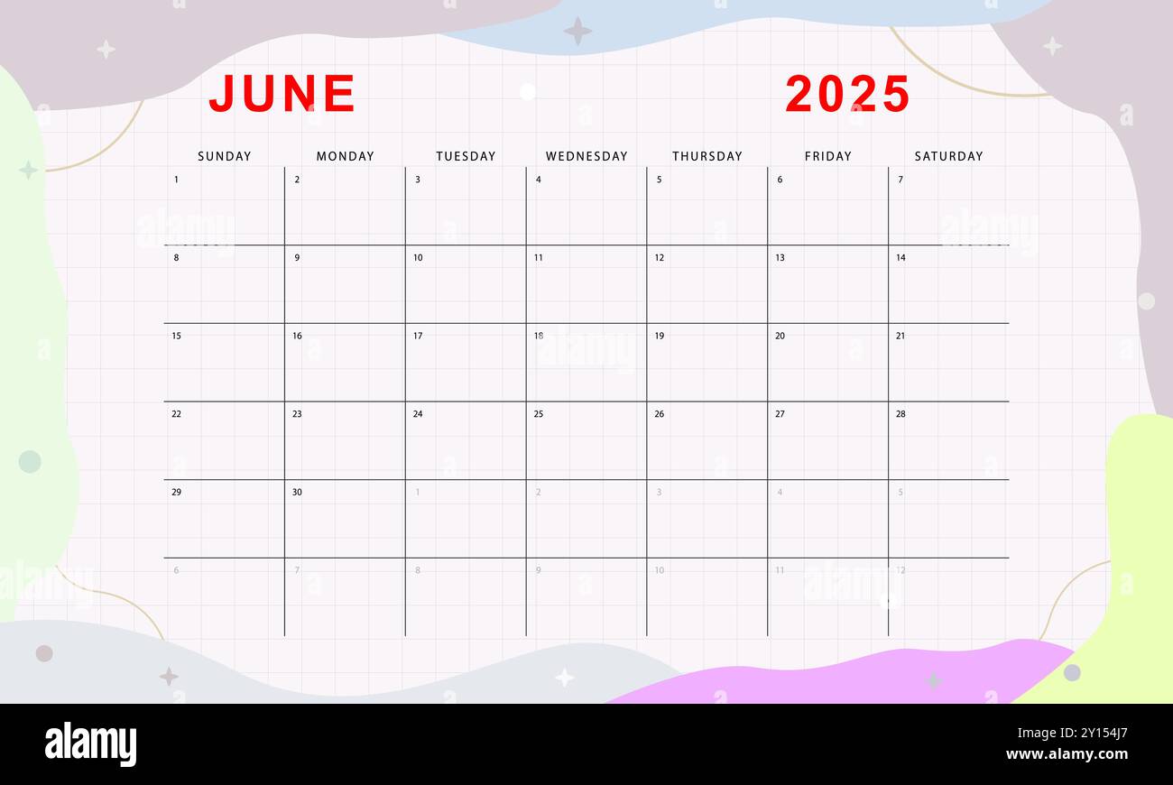 June 2025 monthly planner. Cute calendar template. Sunday start. Vector ...