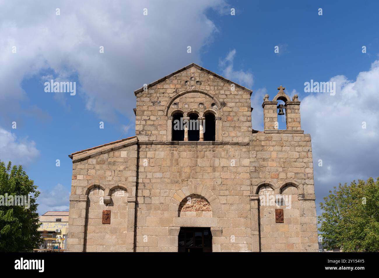 The front view of the Basilica of San Simplicio, a historic Romanesque church located in Olbia ...