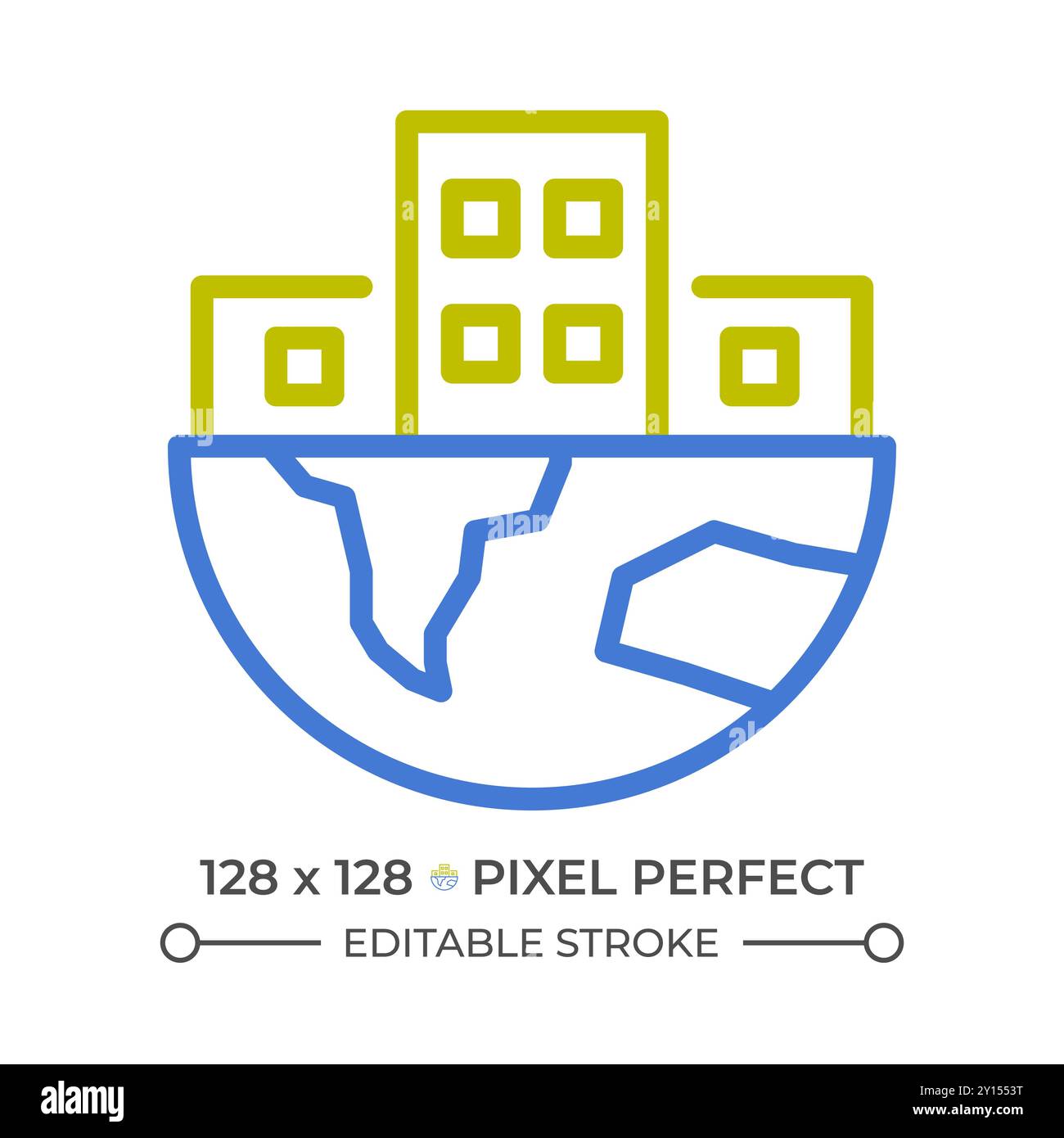 Global infrastructure two color line icon. World urbanization process ...