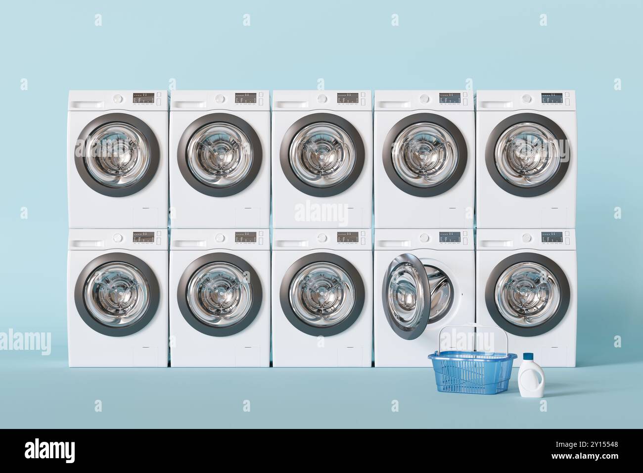 Row of washing machines, public laundry concept. Blue background ...