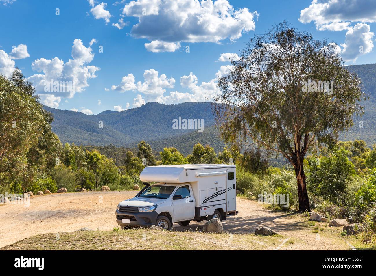 A camper van is parked beneath a large tree at a campsite surrounded by ...