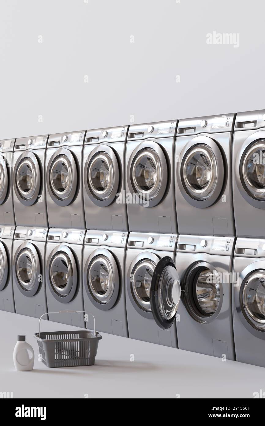 Row of washing machines, public laundry concept. Vertical picture with ...