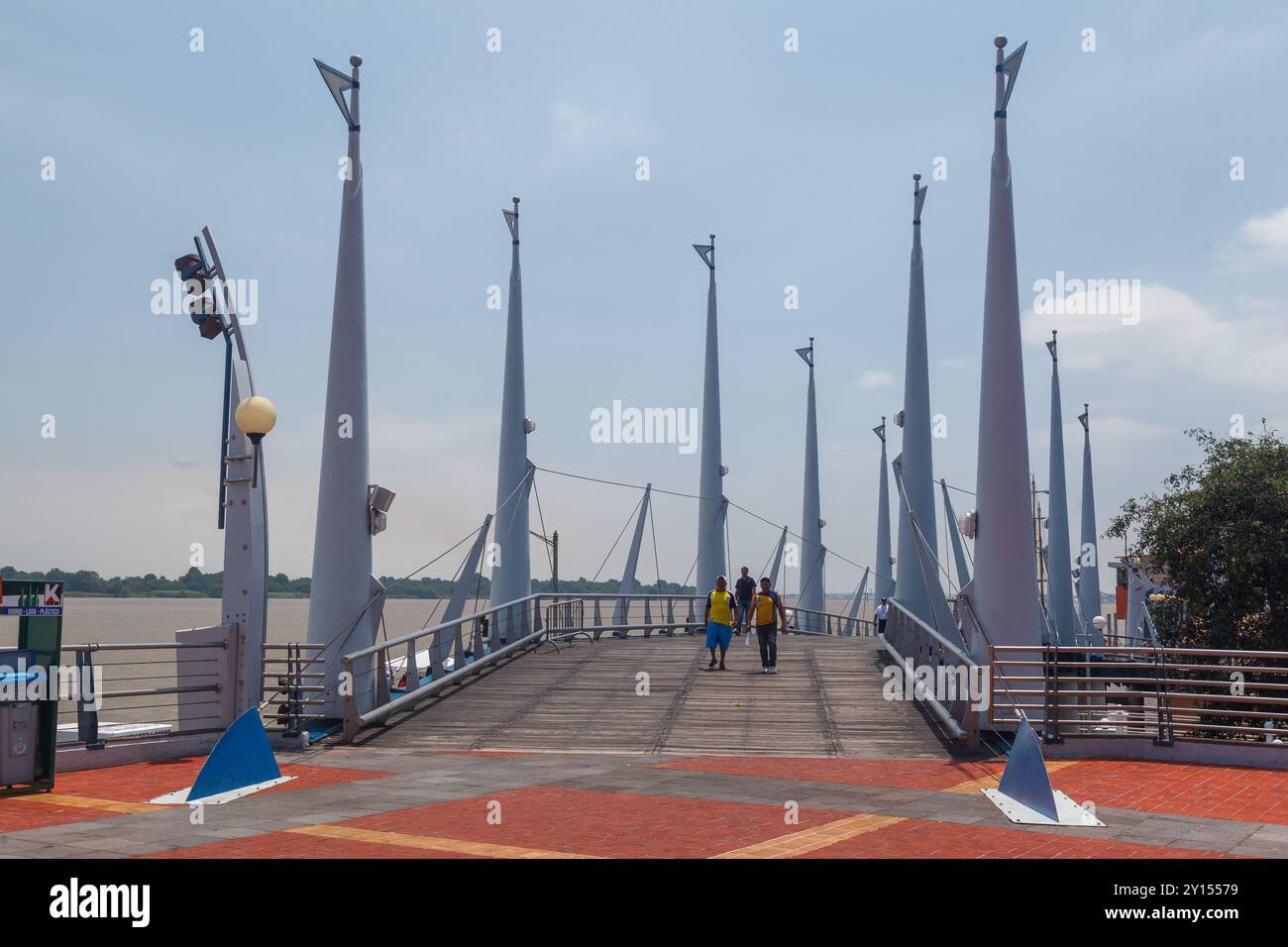 A modern bridge at Malecon 2000 boardwalk and Guayas River in Guayaquil ...