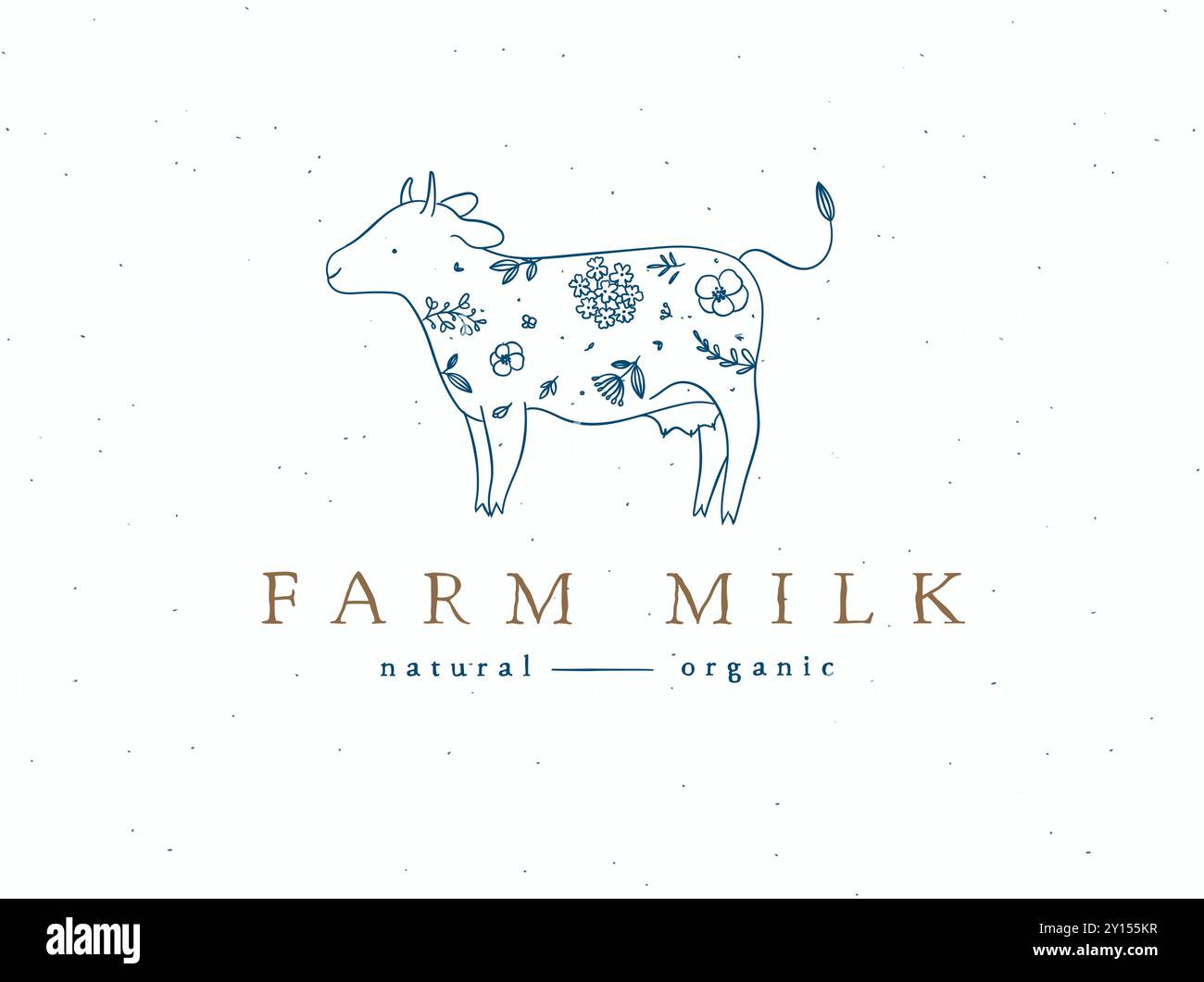 Cow with floral arrangement and inscription natural organic farm milk ...