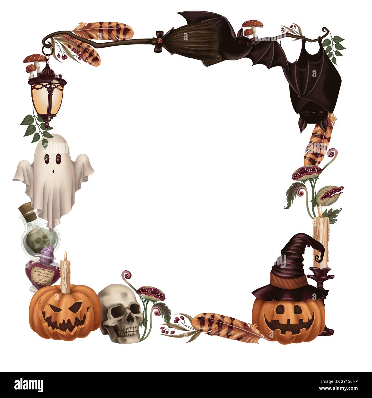 Halloween square wreath with cute ghost and other scary characters in ...