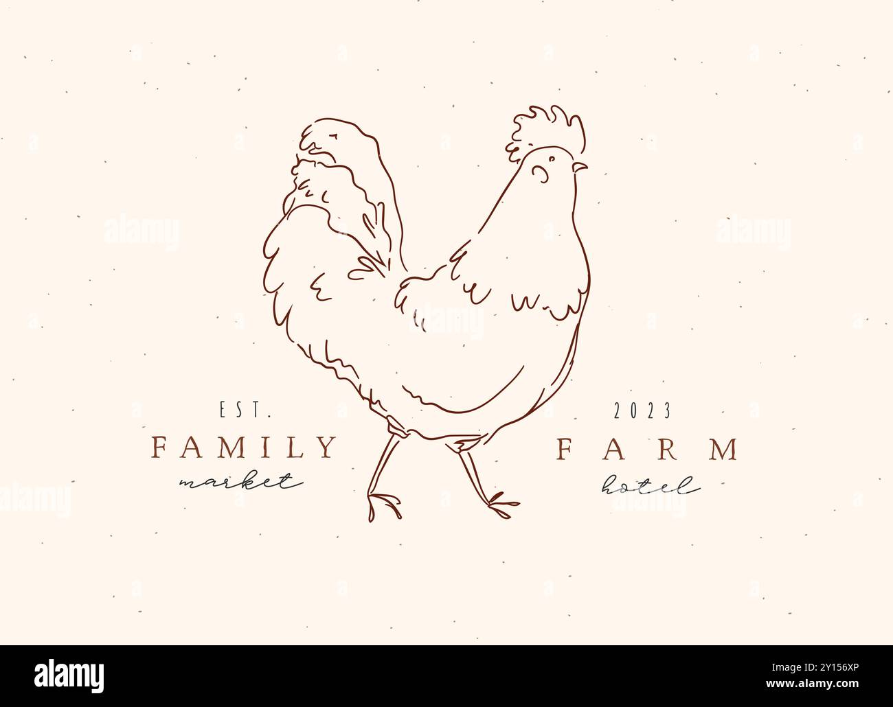 Rooster family farm market with inscription drawing on beige background ...