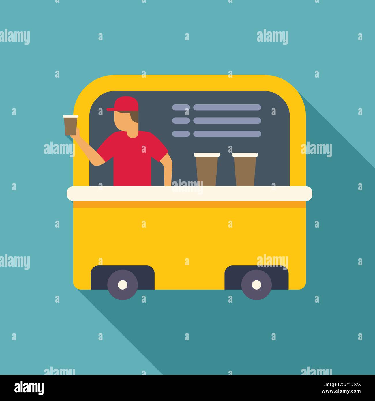 Street food vendor standing behind his yellow mobile food stand serving ...