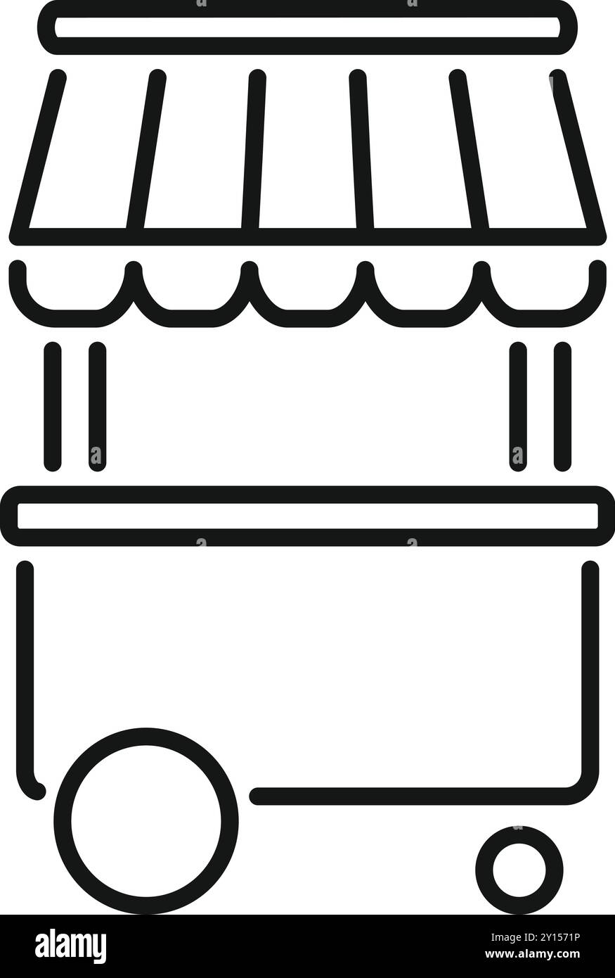 This simple, clean line art icon represents a street food cart, ready ...