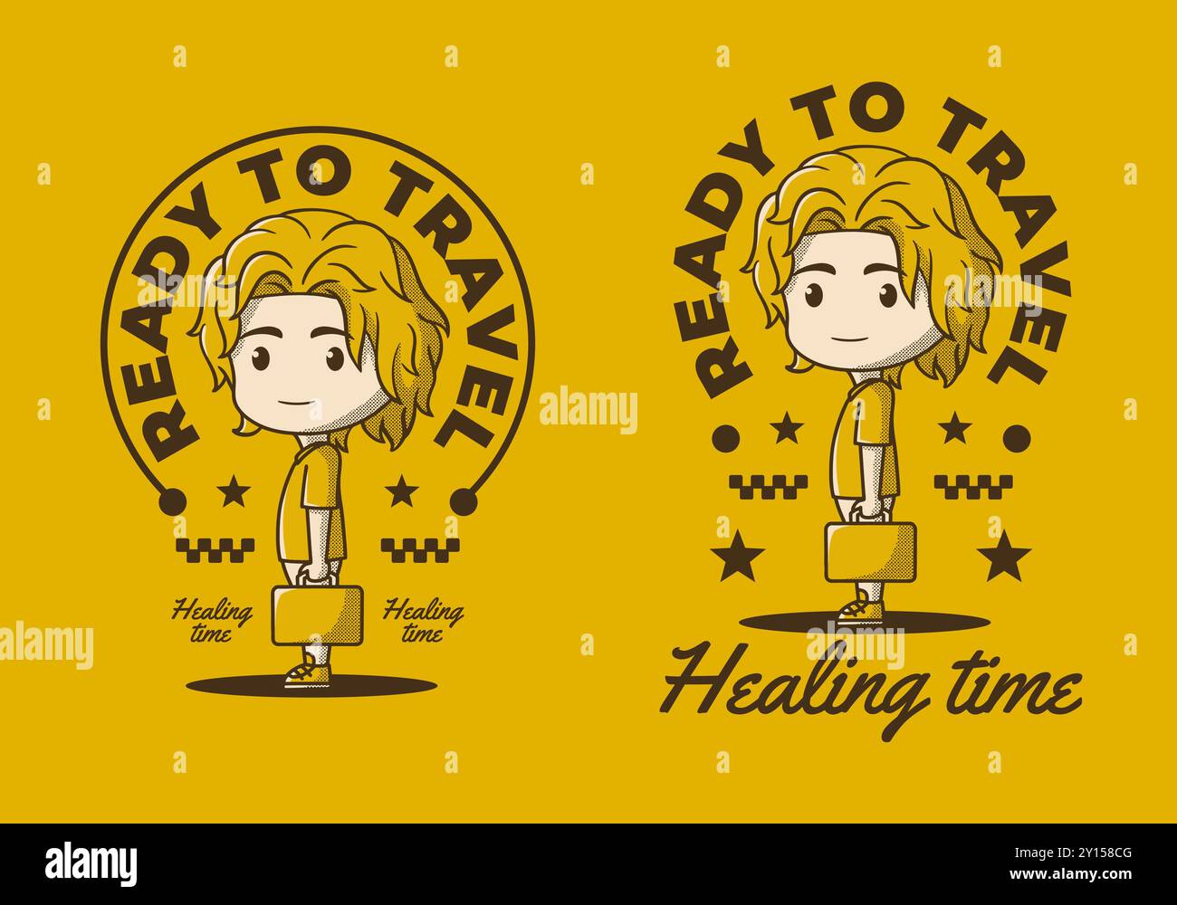 Vintage cute boy or girl character holding a travel back illustration ...
